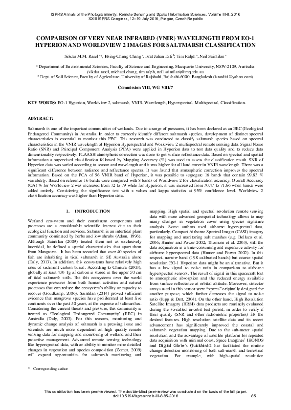 (PDF) Comparison of Very Near Infrared (Vnir) Wavelength from EO-1 Hyperion and Worldview 2 ...