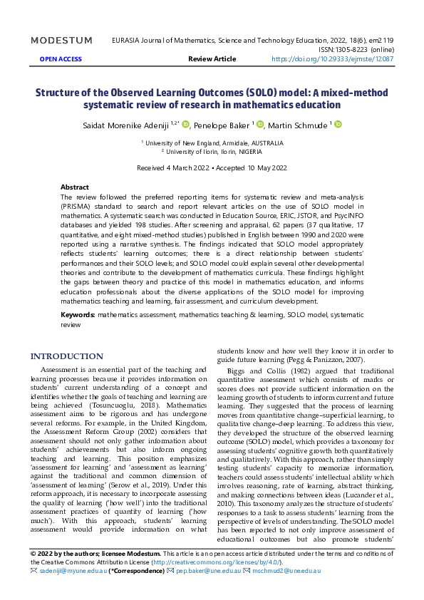 (PDF) Structure of the Observed Learning Outcomes (SOLO) model: A mixed ...