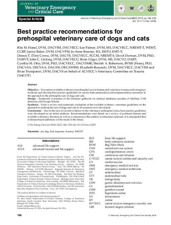 (PDF) Best practice recommendations for prehospital veterinary care of ...