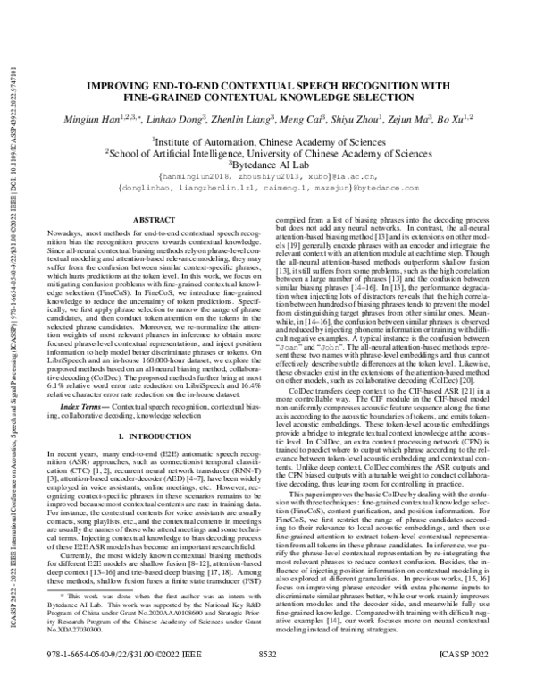 Pdf Improving End To End Contextual Speech Recognition With Fine Grained Contextual Knowledge