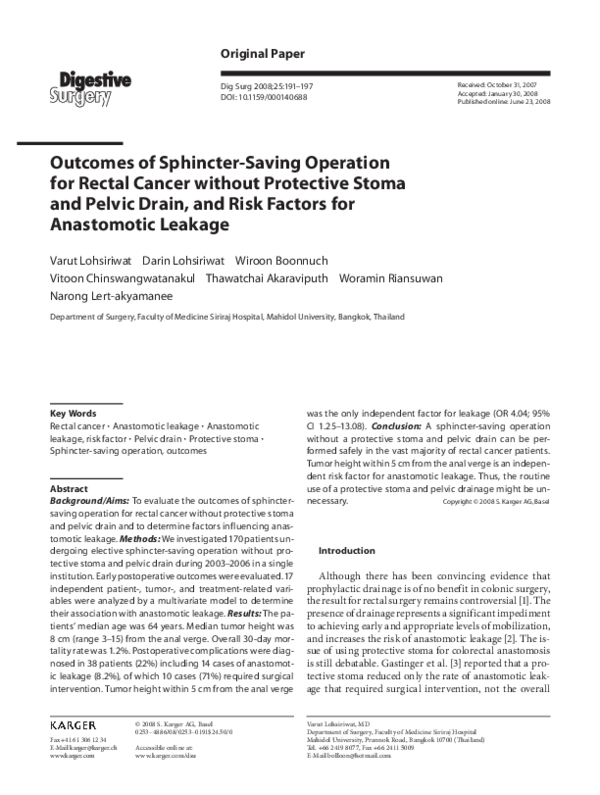 (PDF) Outcomes of Sphincter-Saving Operation for Rectal Cancer without ...