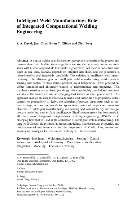 (PDF) Intelligent Weld Manufacturing: Role of Integrated Computational ...
