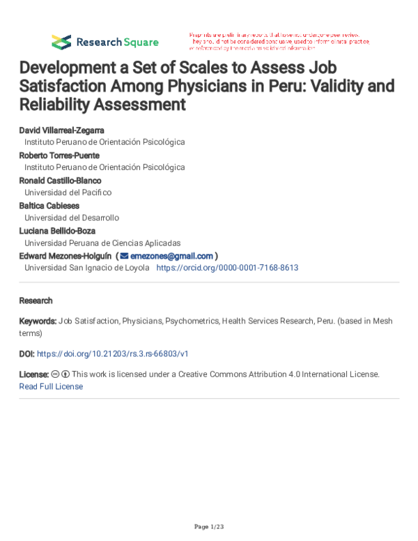 (PDF) Development a set of scales to assess job satisfaction among physicians in Peru: validity ...
