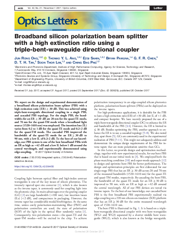 Pdf Broadband Silicon Polarization Beam Splitter With A High Extinction Ratio Using A Triple