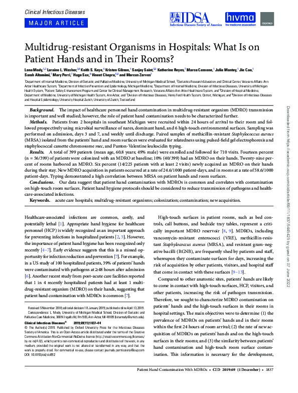 (PDF) Multidrug-resistant Organisms in Hospitals: What Is on Patient Hands and in Their Rooms?