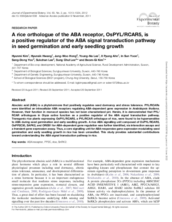 (PDF) A rice orthologue of the ABA receptor, OsPYL/RCAR5, is a positive ...