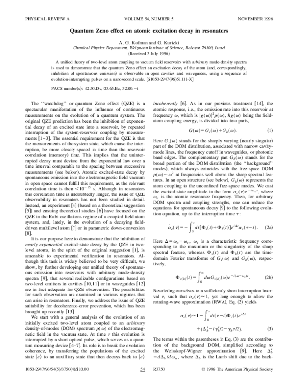 (PDF) Quantum Zeno effect on atomic excitation decay in resonators