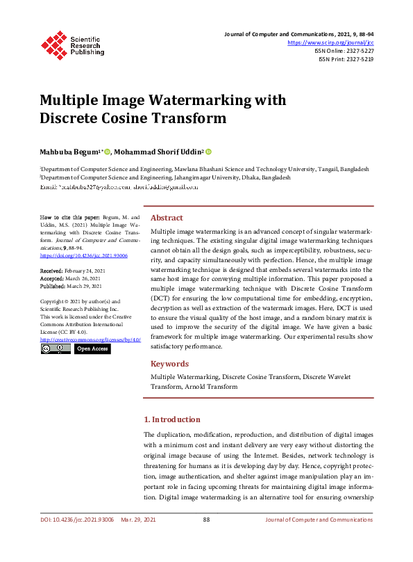 (PDF) Multiple Image Watermarking with Discrete Cosine Transform