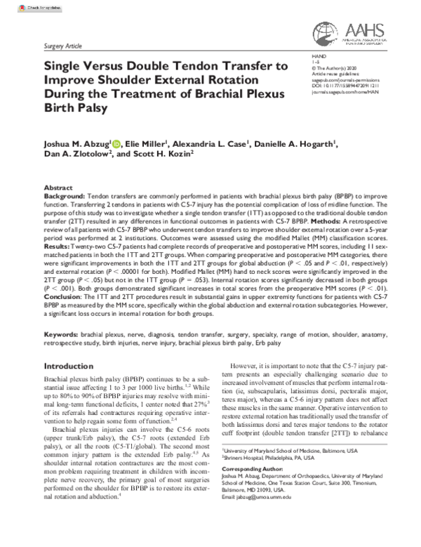 (PDF) Single Versus Double Tendon Transfer to Improve Shoulder External ...