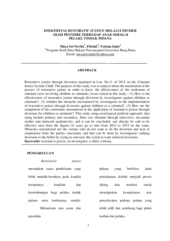 (PDF) Efektifitas Restoratif Justice Melalui Diversi Oleh Penyidik Terhadap Anak Sebagai Pelaku ...