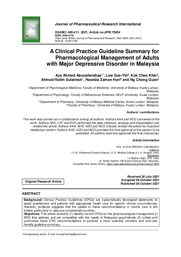 (PDF) A Clinical Practice Guideline Summary for Pharmacological Management of Adults with Major ...