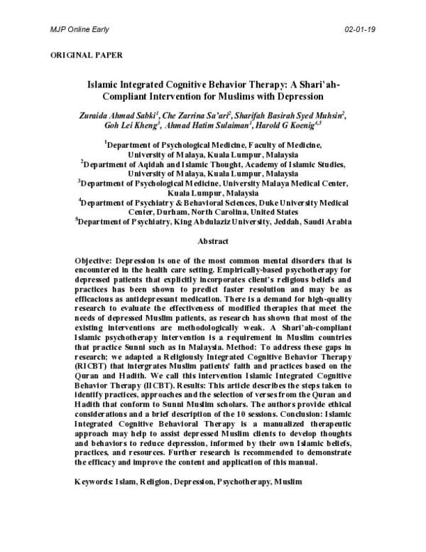 (PDF) Islamic Integrated Cognitive Behavior Therapy: A Shari’ah ...