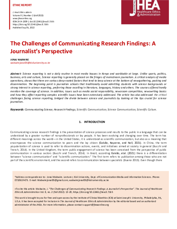 (PDF) The Challenges of Communicating Research Findings: A Journalist’s ...