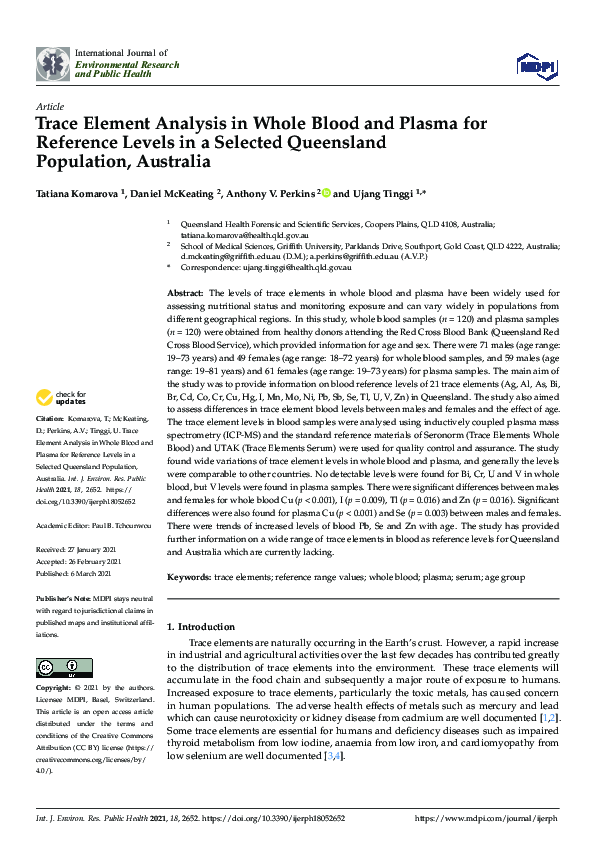 (PDF) Trace Element Analysis in Whole Blood and Plasma for Reference Levels in a Selected ...