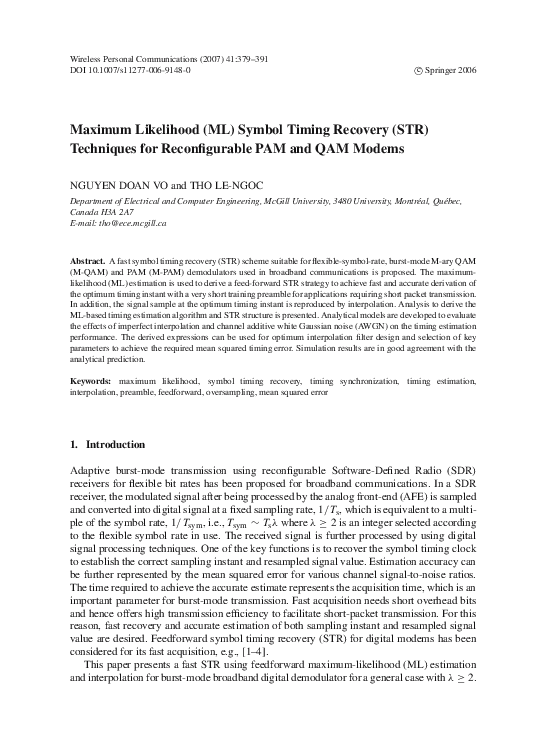(PDF) Maximum Likelihood (ML) Symbol Timing Recovery (STR) Techniques for Reconfigurable PAM and ...