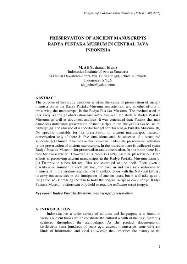 (PDF) Preservation of Ancient Manuscripts Radya Pustaka Museum in ...