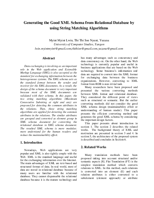 Pdf Generating The Good Xml Schema From Relational Database By Using String Matching Algorithms