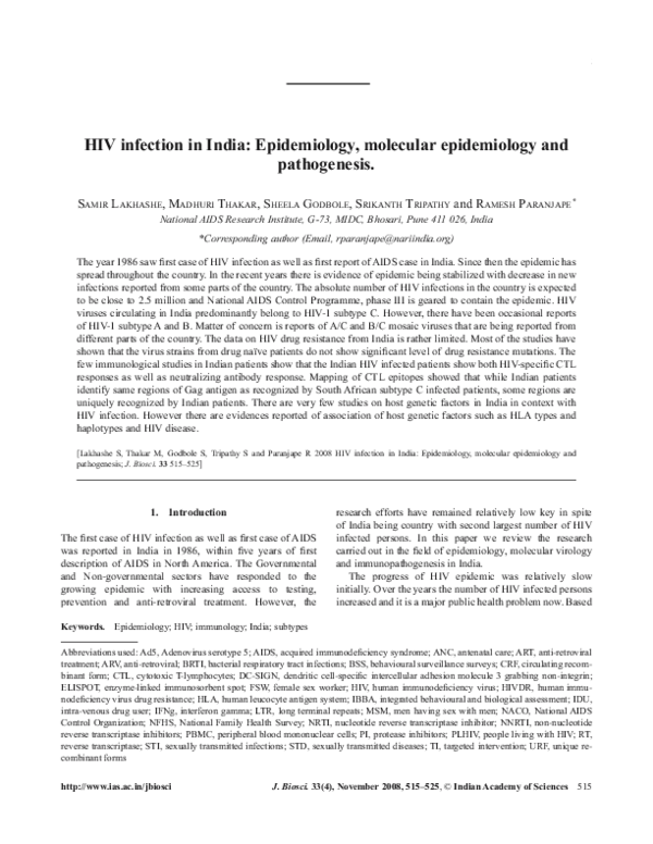 (PDF) HIV infection in India: Epidemiology, molecular epidemiology and ...