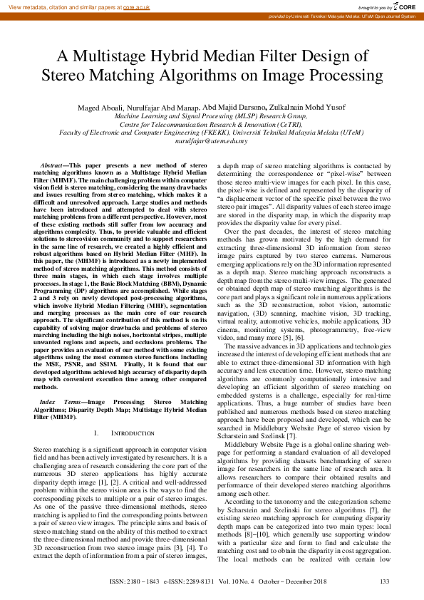 (PDF) A Multistage Hybrid Median Filter Design of Stereo Matching Algorithms on Image Processing