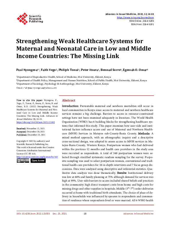 (PDF) Strengthening Weak Healthcare Systems for Maternal and Neonatal ...