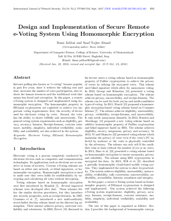 (PDF) Design and Implementation of Secure Remote e-Voting System Using Homomorphic Encryption