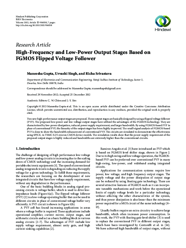 (PDF) High-Frequency and Low-Power Output Stages Based on FGMOS Flipped ...