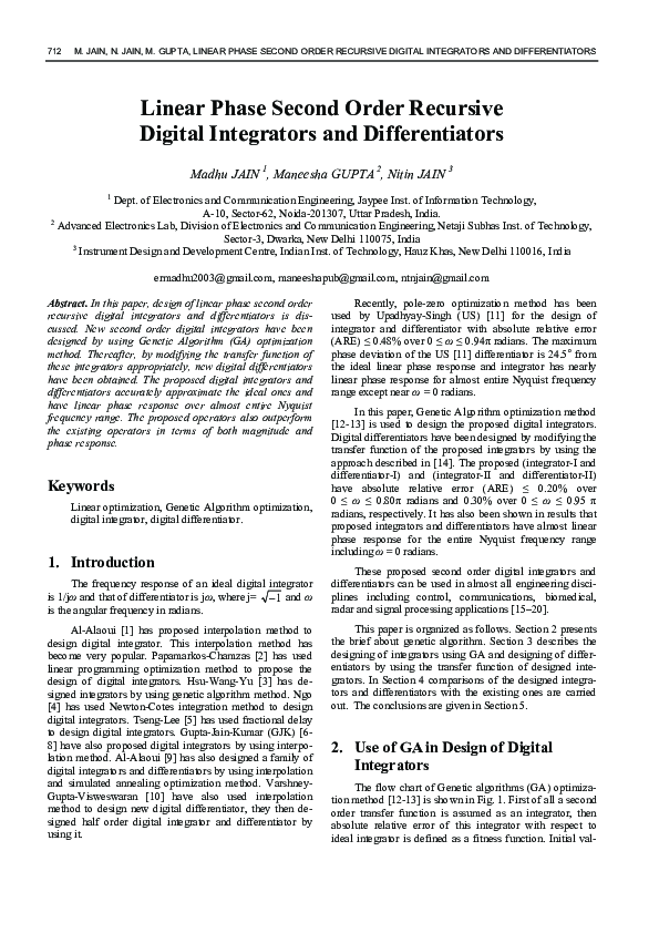 (PDF) Linear Phase Second Order Recursive Digital Integrators and Differentiators