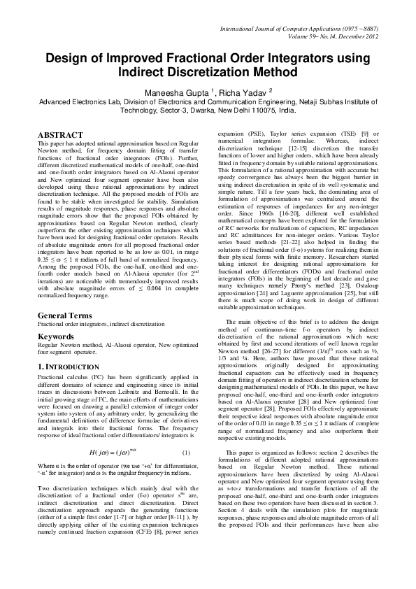 Pdf Design Of Improved Fractional Order Integrators Using Indirect