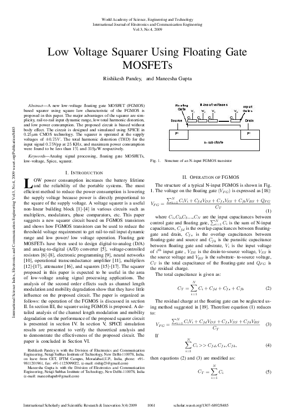 (PDF) Low Voltage Squarer Using Floating Gate Mosfets