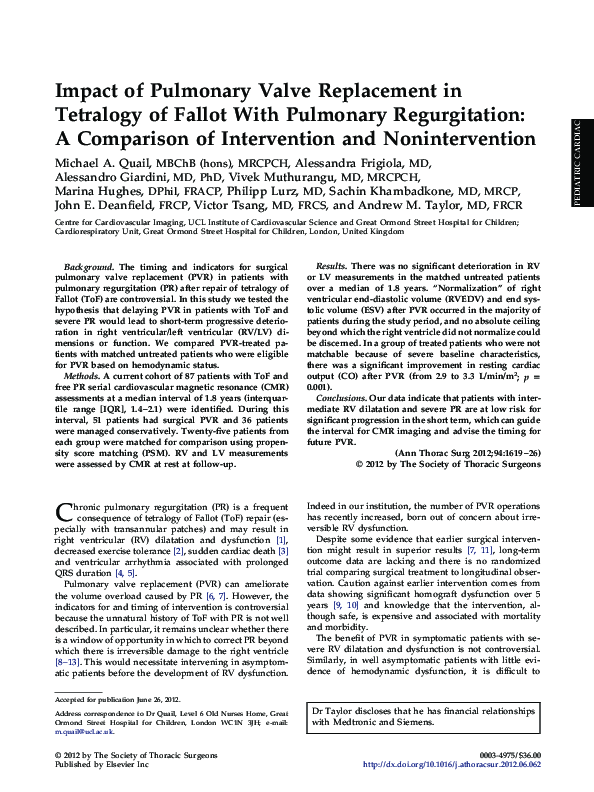 (PDF) Impact of Pulmonary Valve Replacement in Tetralogy of Fallot With Pulmonary Regurgitation ...