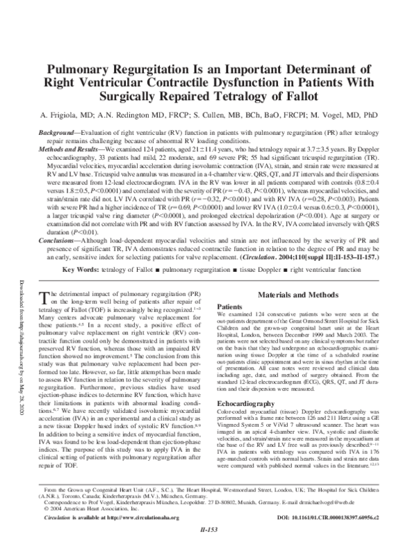 (PDF) Pulmonary Regurgitation Is an Important Determinant of Right Ventricular Contractile ...