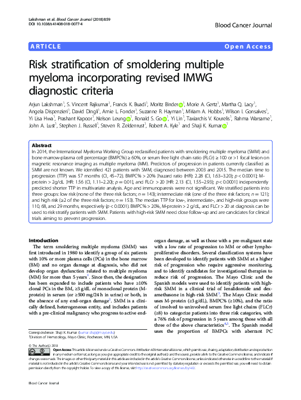 (PDF) Risk stratification of smoldering multiple myeloma incorporating ...