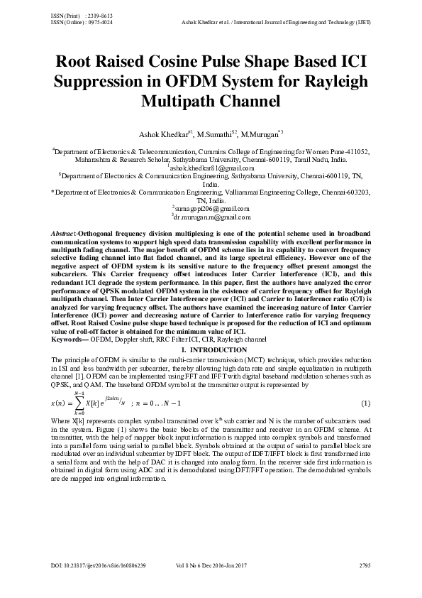 (PDF) Root Raised Cosine Pulse Shape Based ICI Suppression in OFDM System for Rayleigh Multipath ...