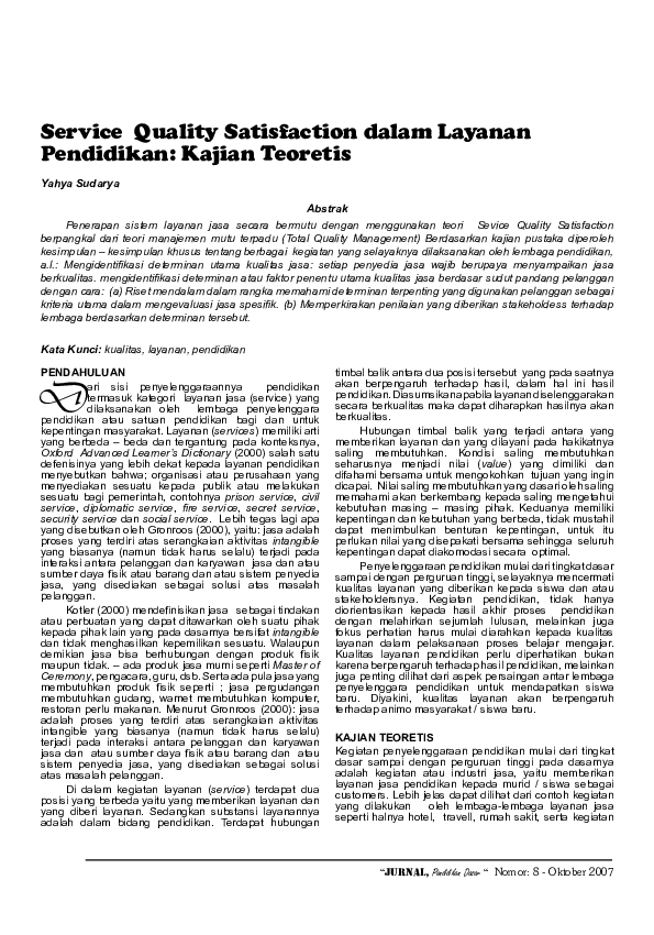 Pdf Service Quality Satisfaction Dalam Layananpendidikan Kajian Teoretis