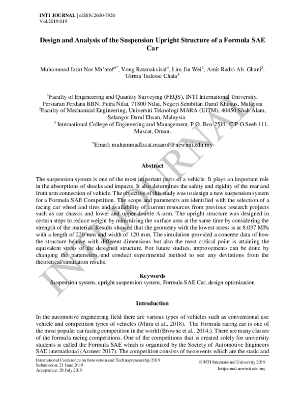 (PDF) Design and Analysis of the Suspension Upright Structure of a Formula SAE Car