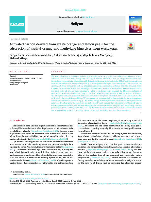 (PDF) Activated carbon derived from waste orange and lemon peels for the adsorption of methyl ...