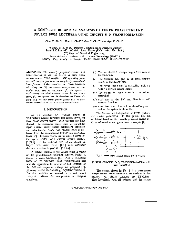 Pdf A Complete Dc And Ac Analysis Of Three Phase Current Source Pwm Rectifier Using Circuit D
