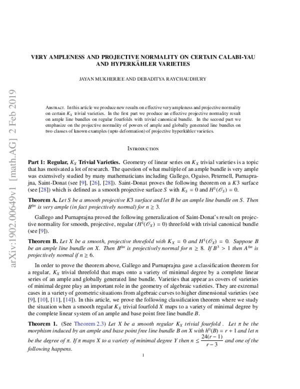 (PDF) Very Ampleness and Projective Normality on Certain Calabi-Yau and ...