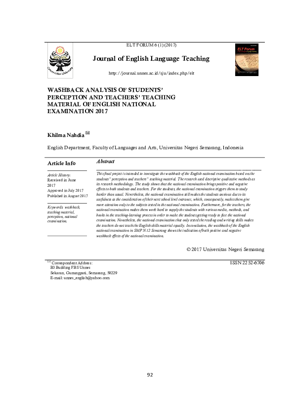 (PDF) Journal of English Language Teaching WASHBACK ANALYSIS OF ...