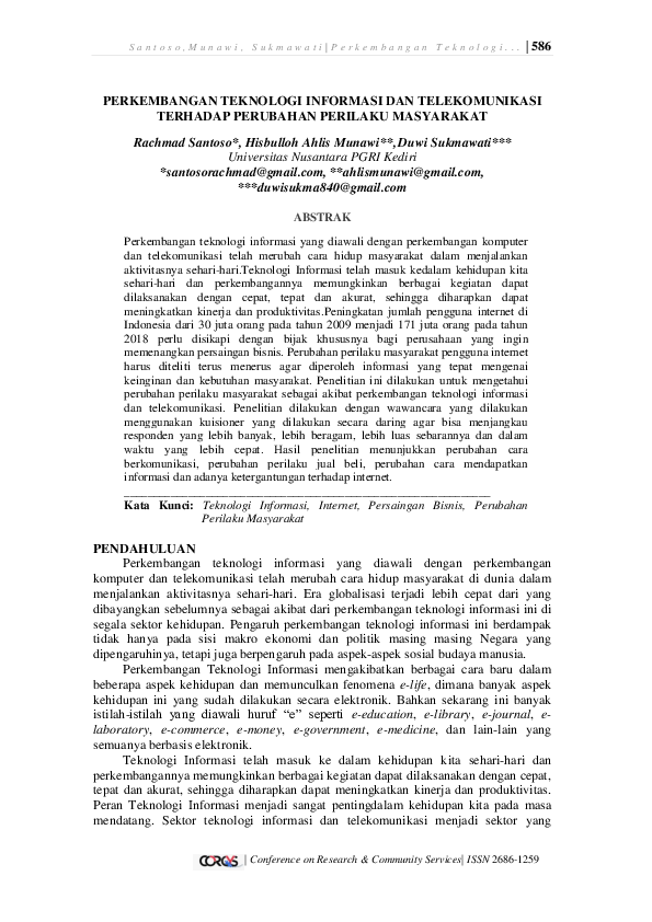 (PDF) Perkembangan Teknologi Informasi Dan Telekomunikasi Terhadap Perubahan Perilaku Masyarakat