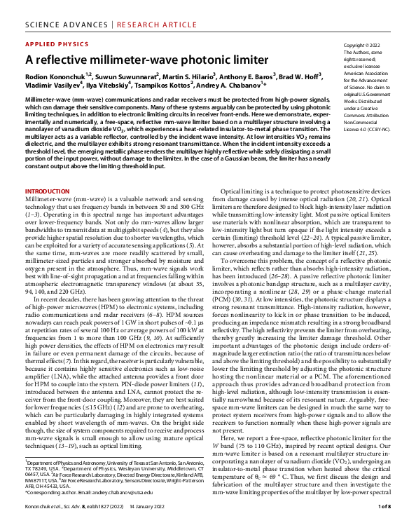 (PDF) A reflective millimeter-wave photonic limiter