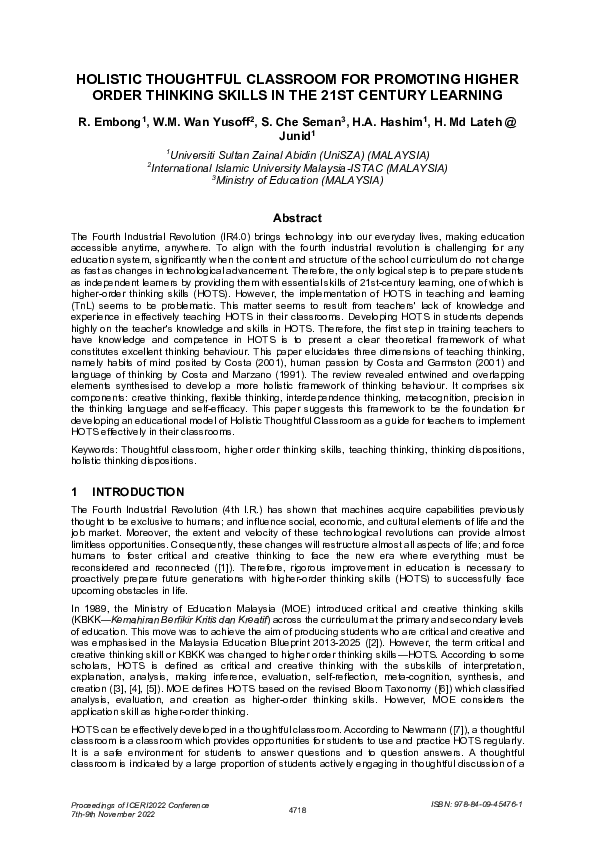 (PDF) Holistic Thoughtful Classroom for Promoting Higher Order Thinking ...