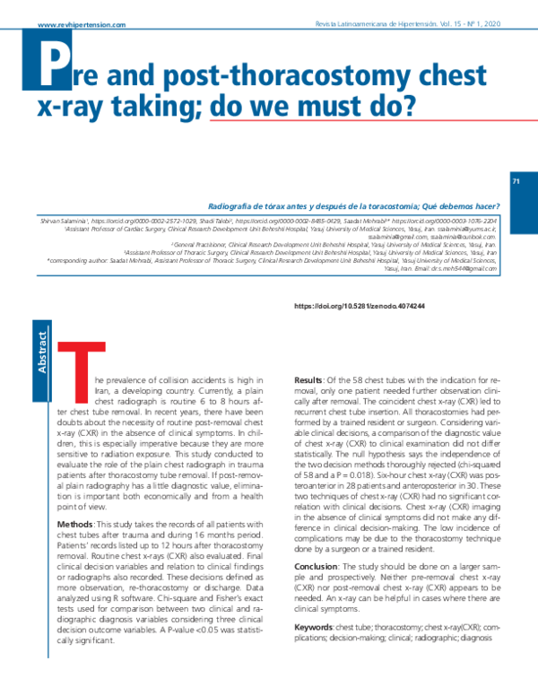 (PDF) Pre and post-thoracostomy chest x-ray taking; do we must do?