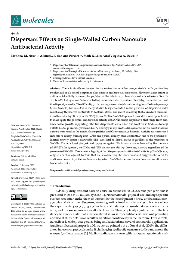 (PDF) Dispersant Effects on Single-Walled Carbon Nanotube Antibacterial ...