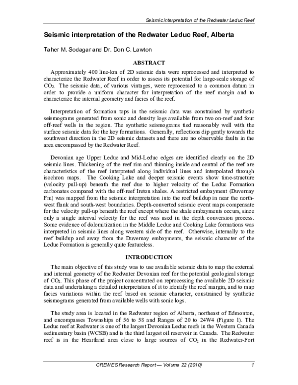 (PDF) Seismic interpretation of the Redwater Leduc Reef, Alberta | Don C Lawton - Academia.edu