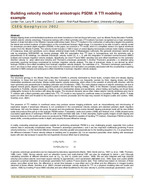 (PDF) Building velocity model for anisotropic PSDM: A TTI modeling example