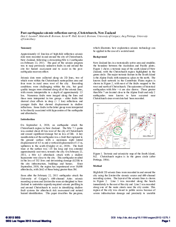 (PDF) Post-earthquake seismic reflection survey, Christchurch, New Zealand