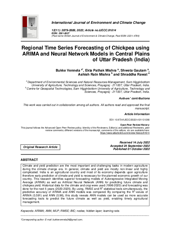 Pdf Regional Time Series Forecasting Of Chickpea Using Arima And Neural Network Models In