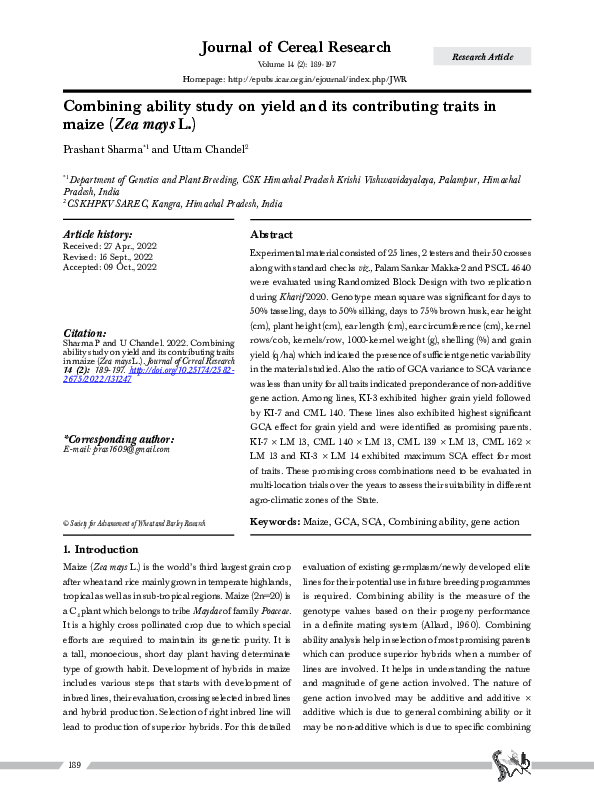 (PDF) Combining ability study on yield and its contributing traits in maize (Zea mays L