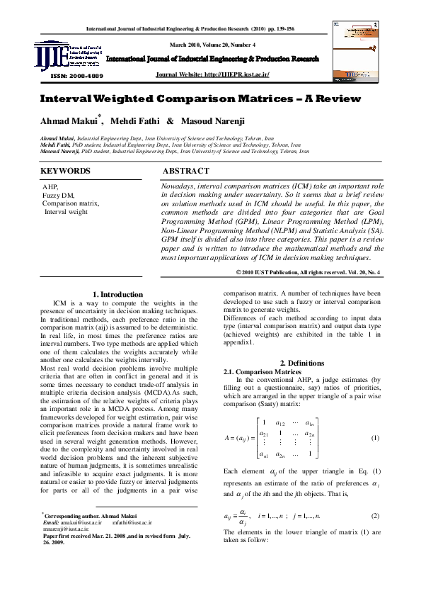 (PDF) Interval Weighted Comparison Matrices: A Review